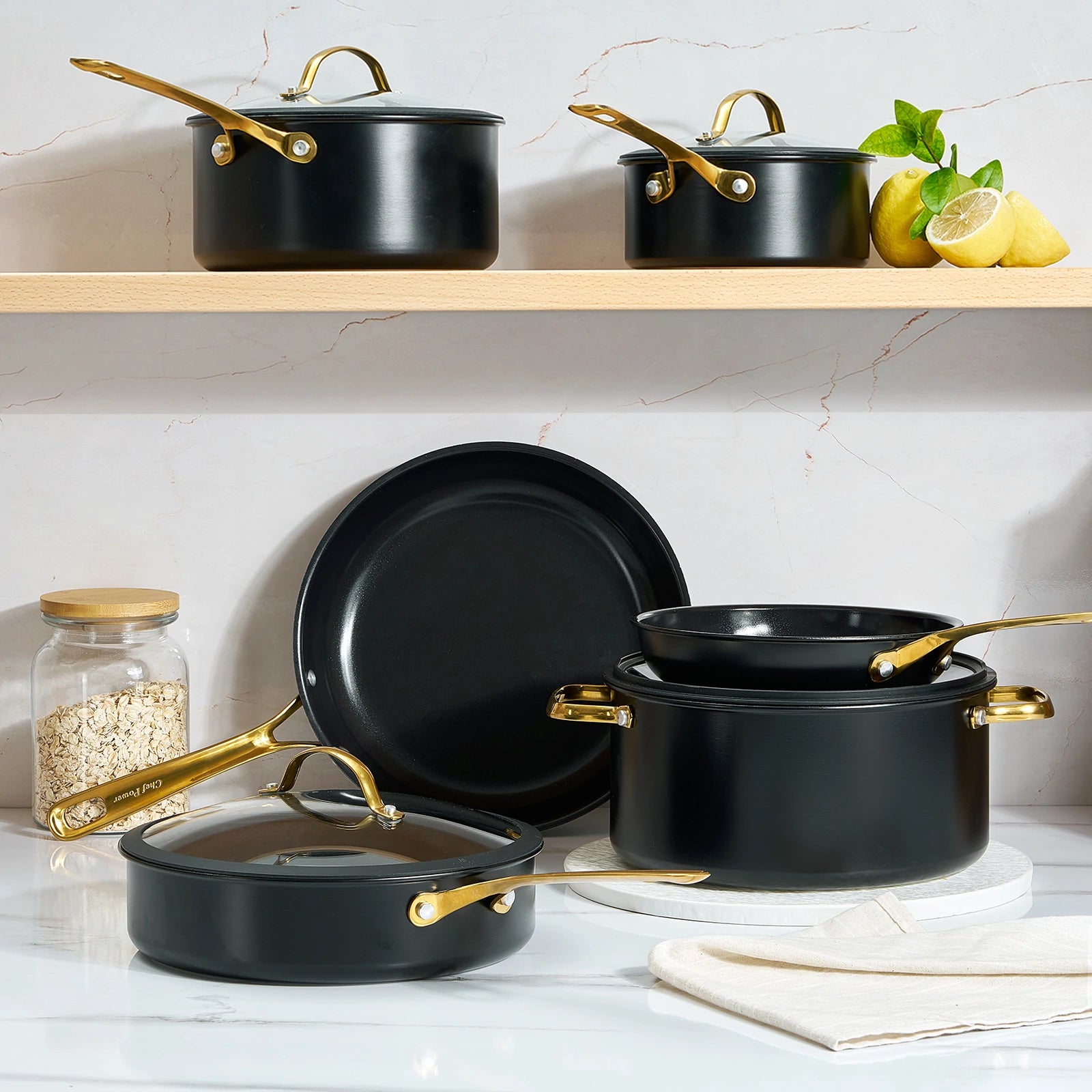 Stars Ceramic Non-Stick 15-Piece Cookware Set with Golden Handles ...