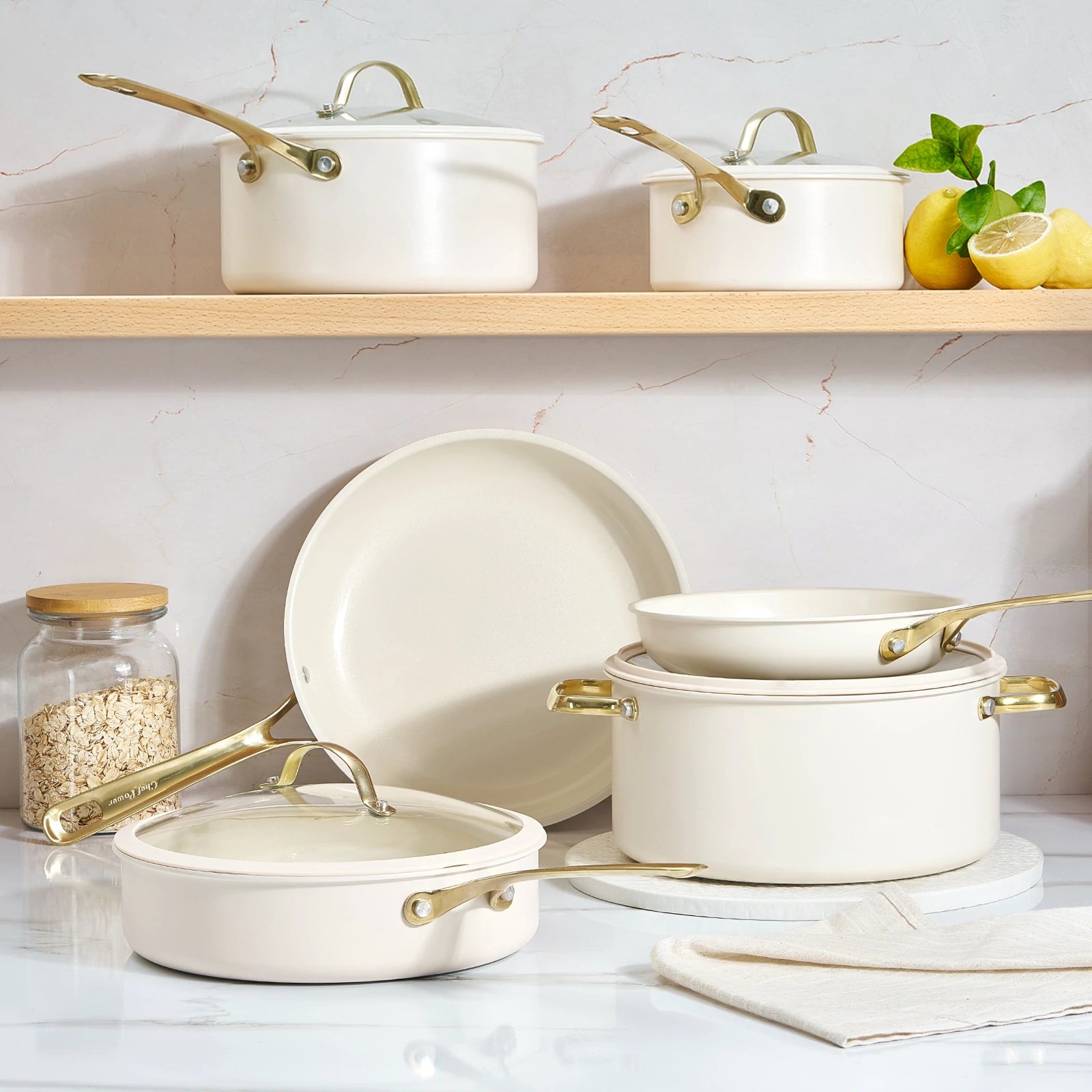 Stars Ceramic Non-Stick 15-Piece Cookware Set with Light Golden Handles ...