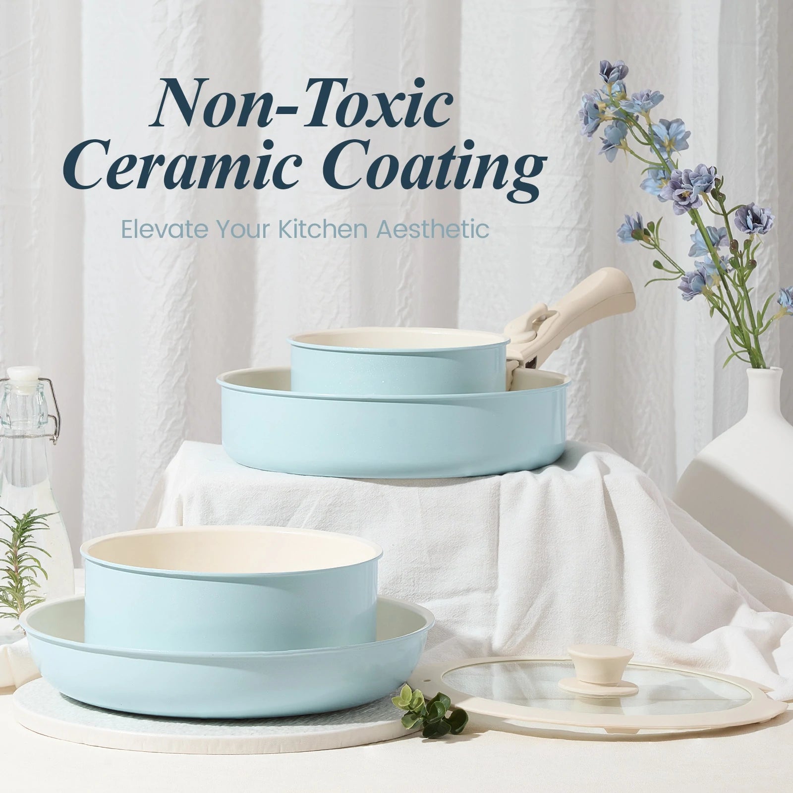 Non-Toxic Ceramic Nonstick 19-Piece Cookware Set with Detachable ...