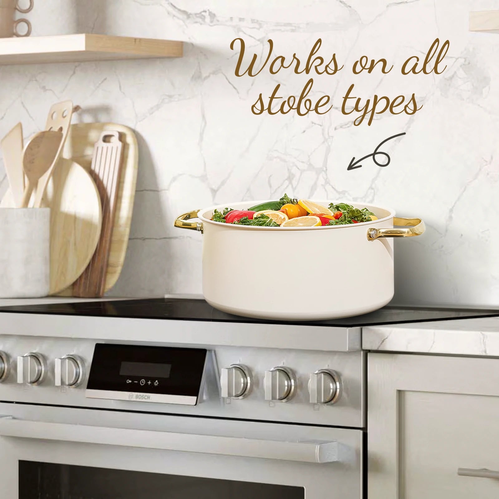 Stars Ceramic Non-Stick 15-Piece Cookware Set with Light Golden Handles ...